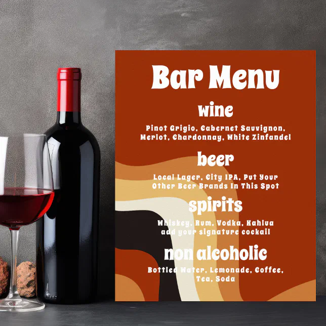Bold Retro Groovy Orange 70s Boho Wedding Bar Menu Poster | Zazzle
