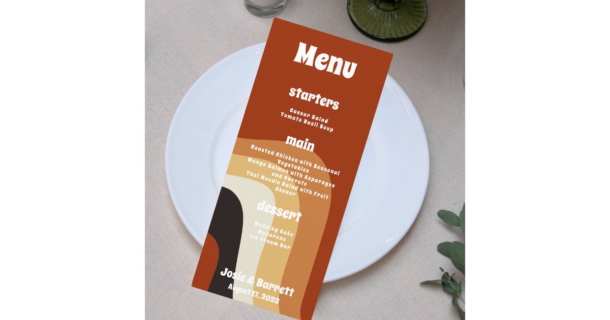 Bold Retro Groovy Orange 70s Wedding Dinner Menu | Zazzle
