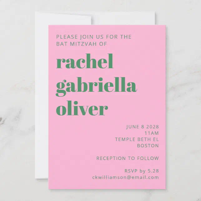 Bold Retro Pink and Green Simple Cute Bat Mitzvah Invitation | Zazzle