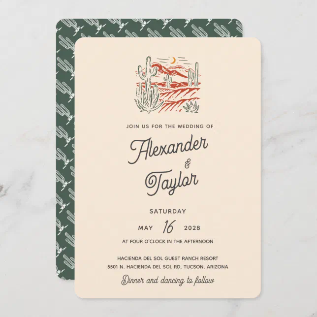 Bold Retro Saguaro Cactus Desert Landscape Wedding Invitation | Zazzle