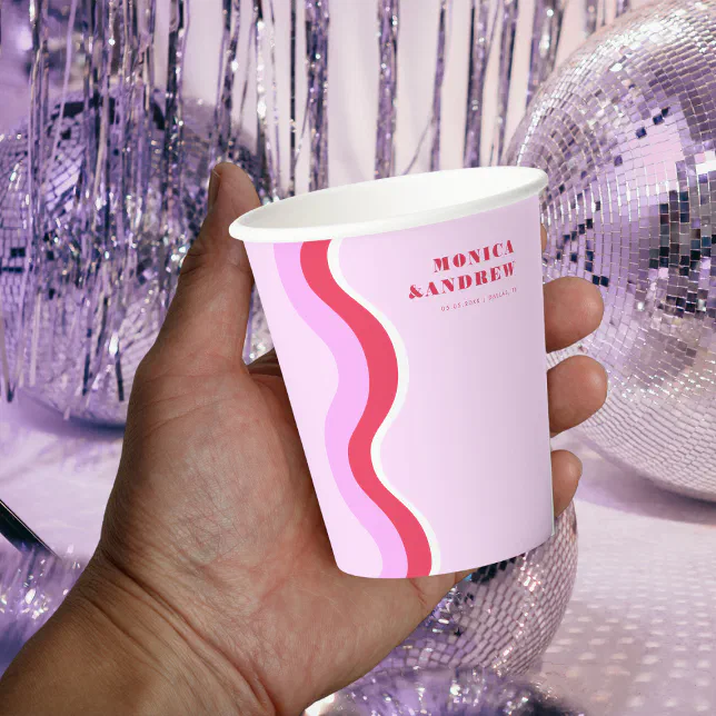 Bold Retro Wave Aesthetic Pink and Red Wedding Paper Cups | Zazzle