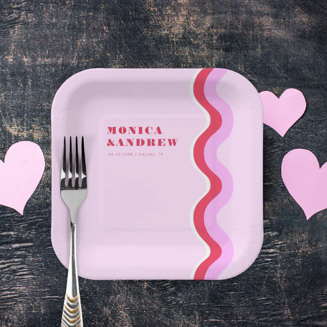 Bold Retro Wave Aesthetic Pink and Red Wedding Paper Plates | Zazzle