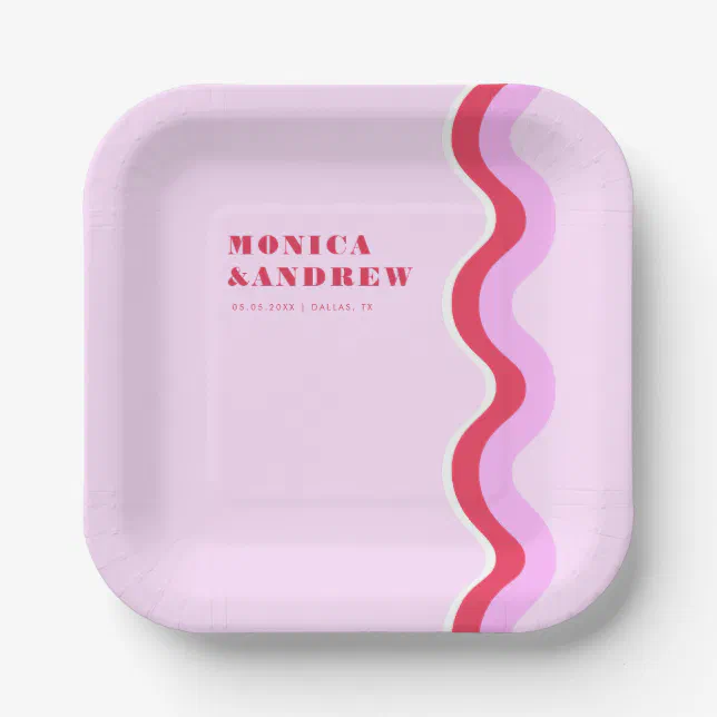 Bold Retro Wave Aesthetic Pink and Red Wedding Paper Plates | Zazzle
