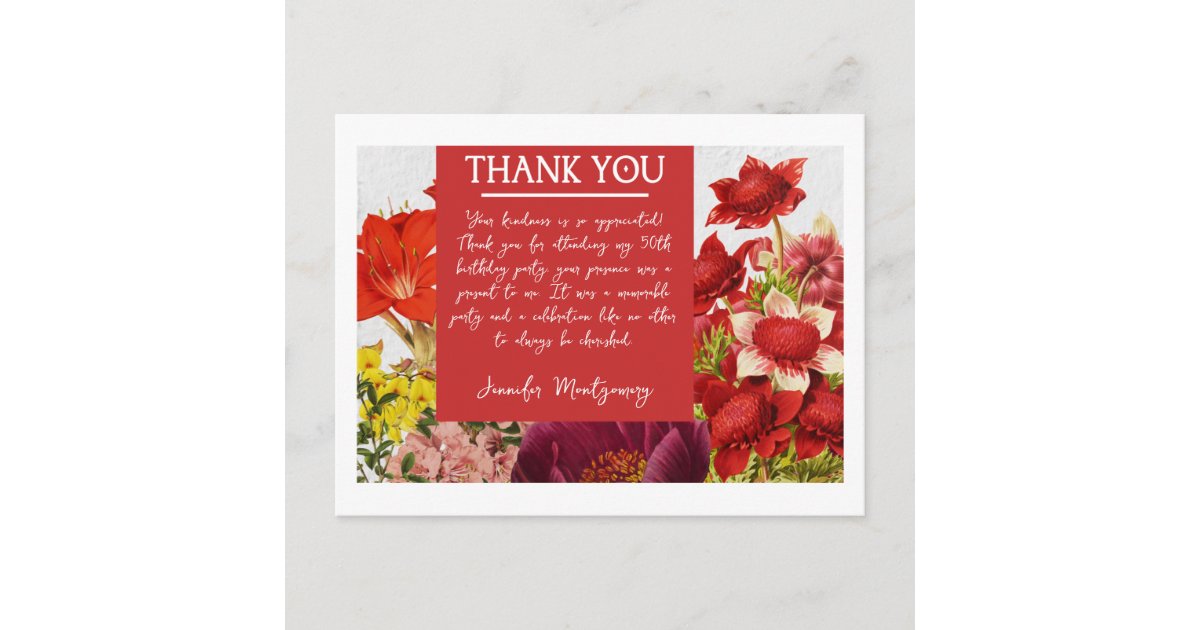 Bold Rich Red Florals Thank You Card | Zazzle