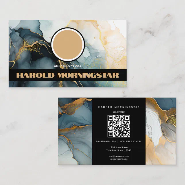 BOLD Round Logo and QR Code Indigo Gold Fluid Ink Business Card | Zazzle