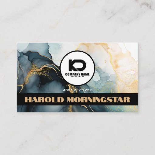 BOLD Round Logo and QR Code Indigo Gold Fluid Ink Business Card | Zazzle