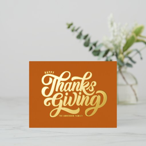 Bold Script Orange Happy Thanksgiving Foil Holiday Postcard | Zazzle