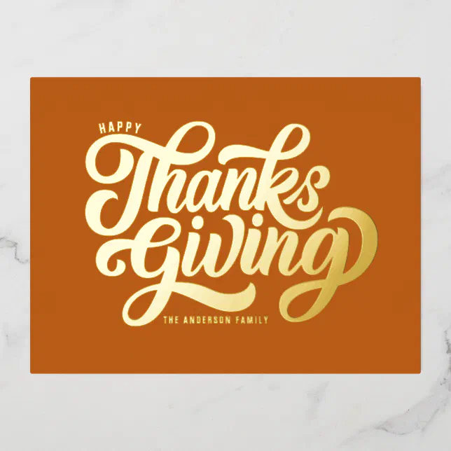 Bold Script Orange Happy Thanksgiving Foil Holiday Postcard | Zazzle