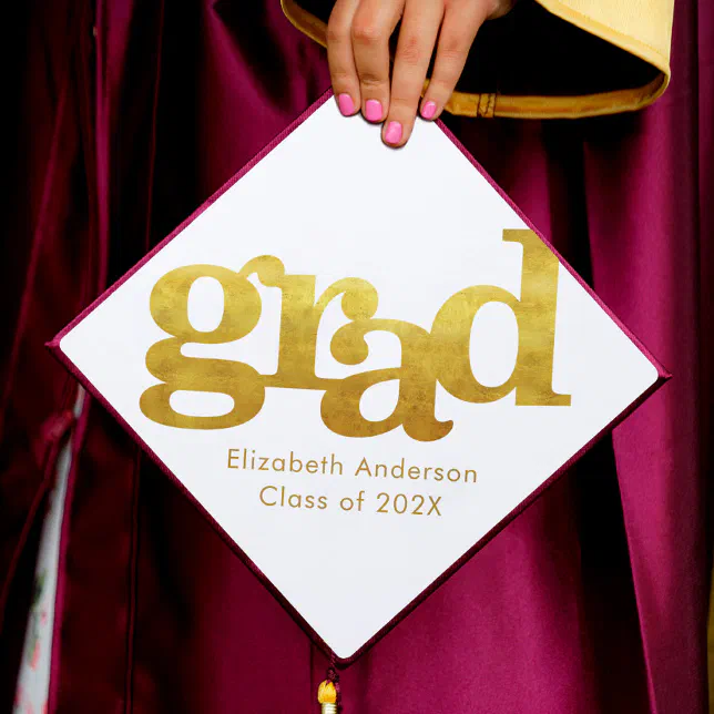 Bold simple modern gold typography on white graduation cap topper | Zazzle