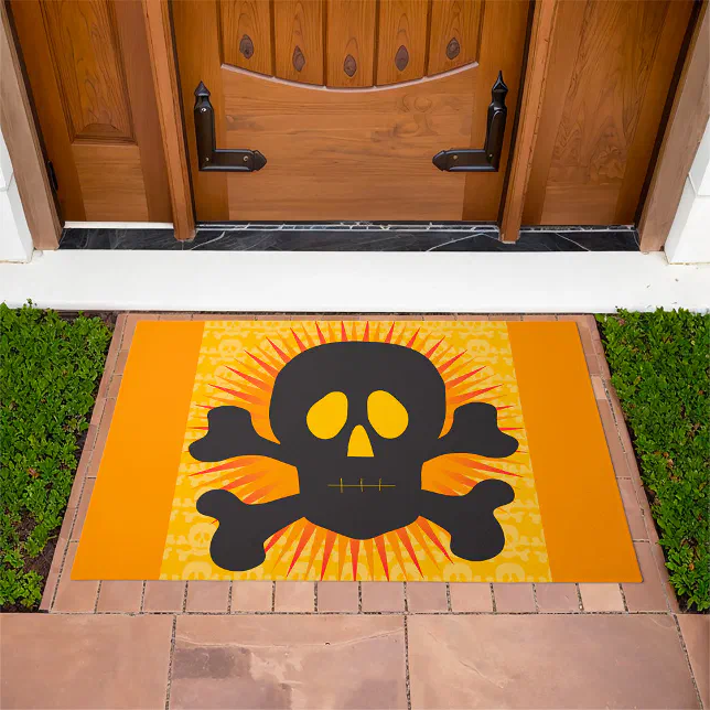 Bold Skull and Crossbones with Orange Burst Doormat | Zazzle