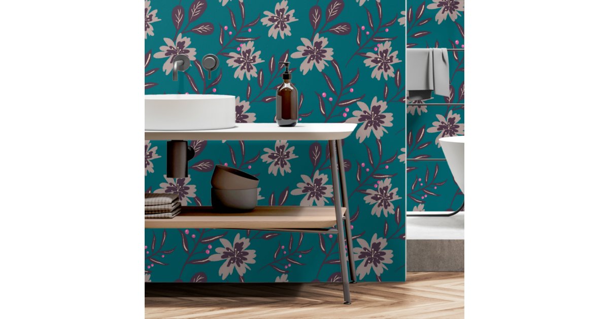 Bold Teal Floral Pattern Removable Wallpaper | Zazzle