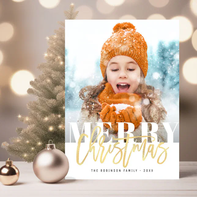bold text foil merry christmas script holiday postcard | Zazzle