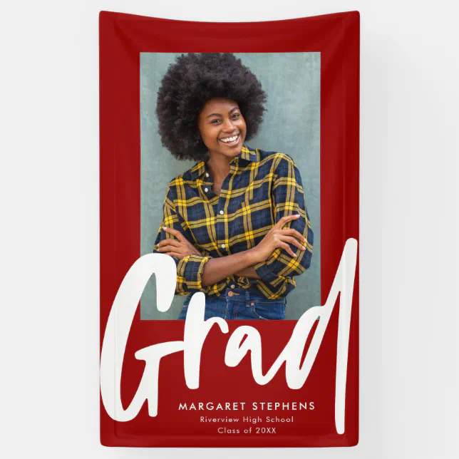 Bold trendy grad red graduation photo banner | Zazzle