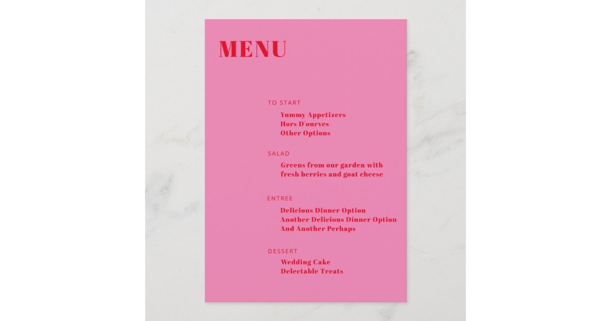 Bold Typography Bright Pink Red Modern Minimalist Menu | Zazzle