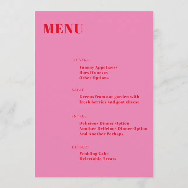 Bold Typography Bright Pink Red Modern Minimalist Menu | Zazzle