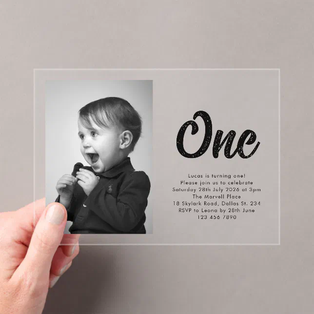 Bold Typography First Birthday Photo Acrylic Invitations | Zazzle