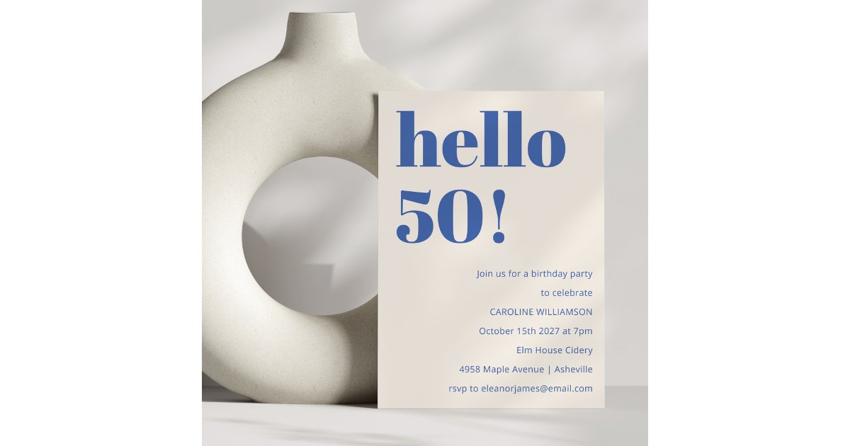 Bold Typography Ivory Blue Modern 50th Birthday Invitation | Zazzle