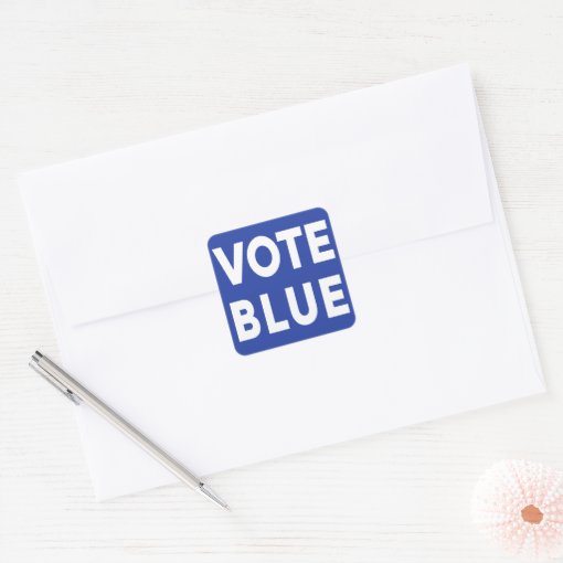 Bold Vote Blue white text on blue political Square Sticker | Zazzle