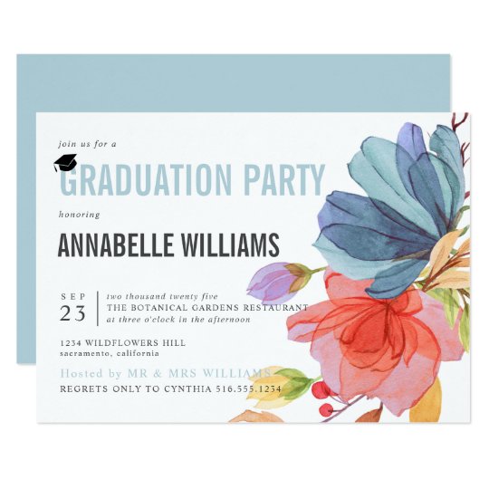 Bold Watercolor Wildflowers Aqua Graduation Party Invitation | Zazzle.com
