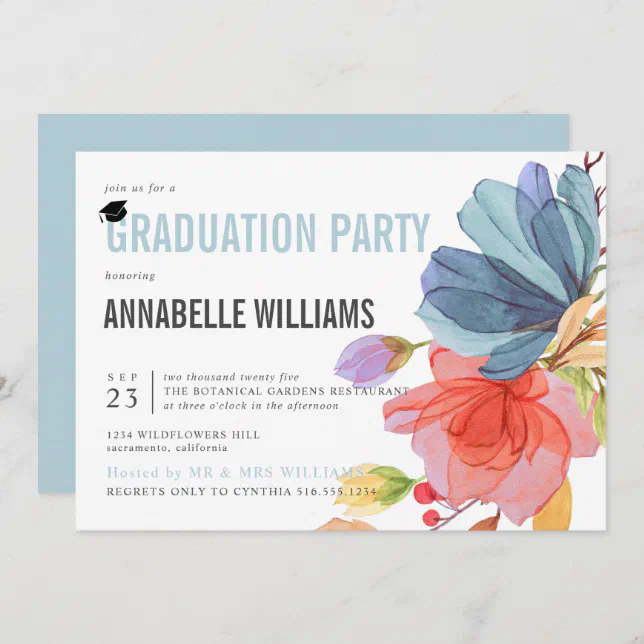 Bold Watercolor Wildflowers Aqua Graduation Party Invitation | Zazzle