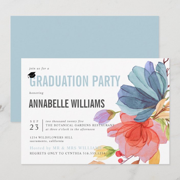 Bold Watercolor Wildflowers Aqua Graduation Party Invitation | Zazzle.com