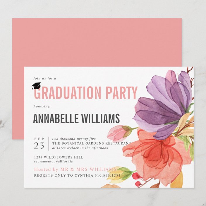 Bold Watercolor Wildflowers Pink Graduation Party Invitation | Zazzle.com