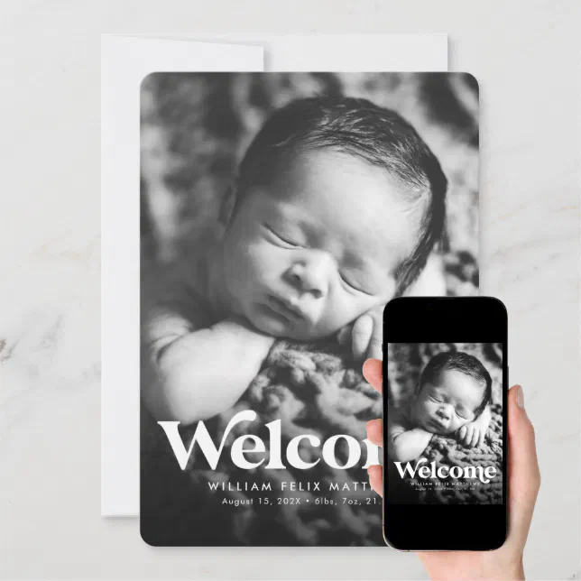 Bold welcome blue vertical birth announcement | Zazzle