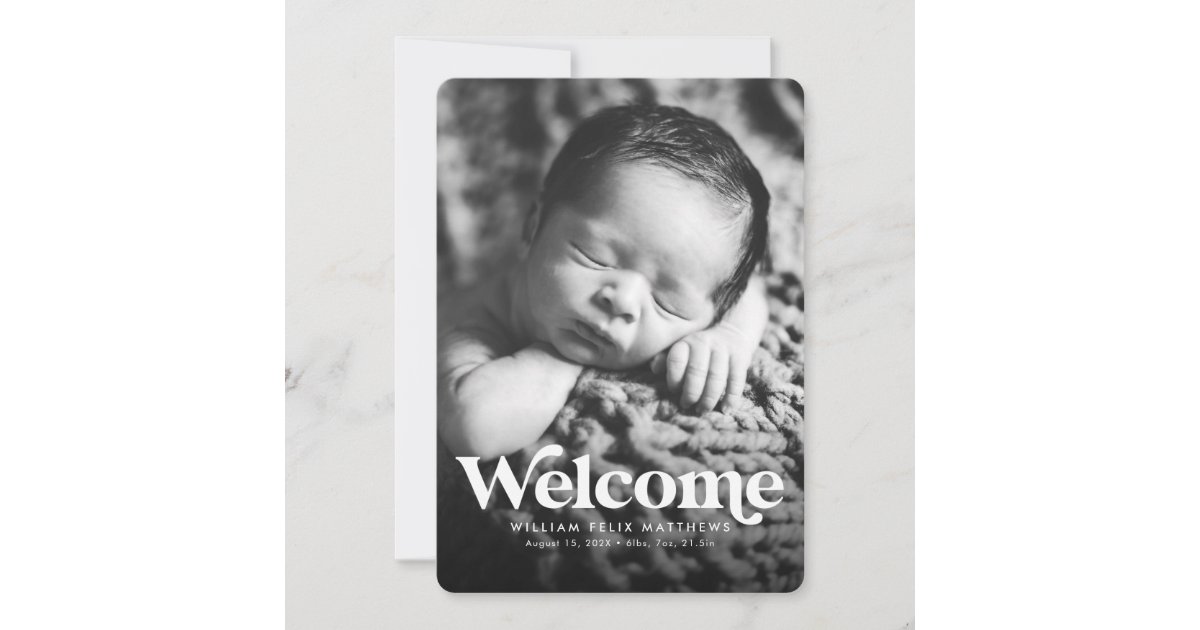 Bold welcome blue vertical birth announcement | Zazzle