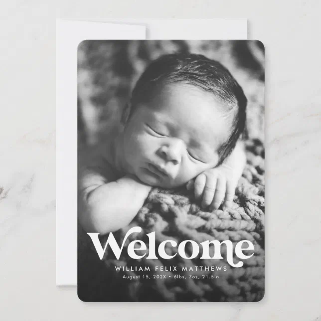 Bold welcome blue vertical birth announcement | Zazzle