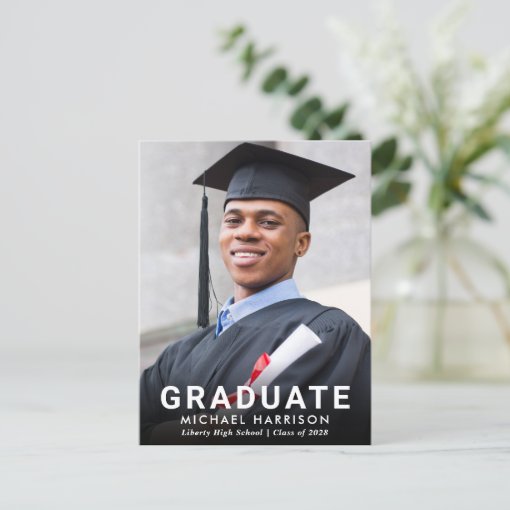 Bold White Typography Photo Graduation Announcement Postcard | Zazzle