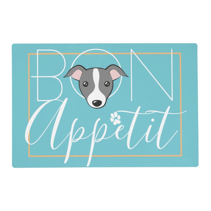 Bon appetit elegant text Dog cartoon Blue Placemat | Zazzle