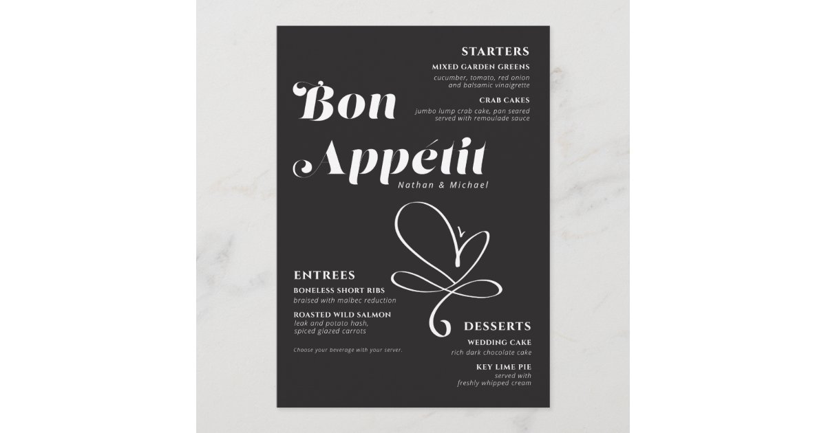 Bon Appetit Wedding Dinner Black White Menu | Zazzle