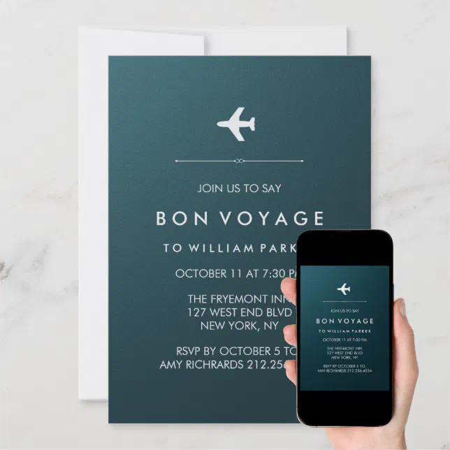 Bon Voyage Party with Airplane in Blue and Silver Invitation | Zazzle