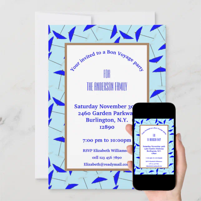 Bon voyage party with blue umbrella pattern invitation | Zazzle