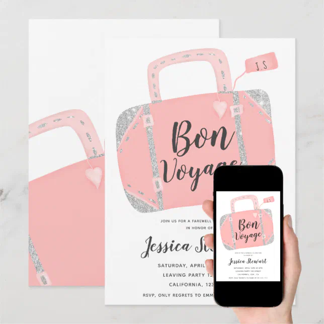 Bon voyage suitcase silver pink leaving party invitation | Zazzle