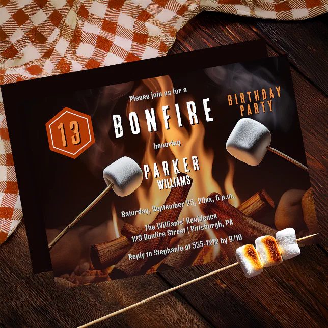 Bonfire Marshmallow Roast 13th Birthday Party Invitation | Zazzle