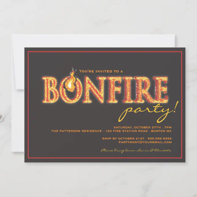 Bonfire on Fire Campfire Flames Party Invitation | Zazzle