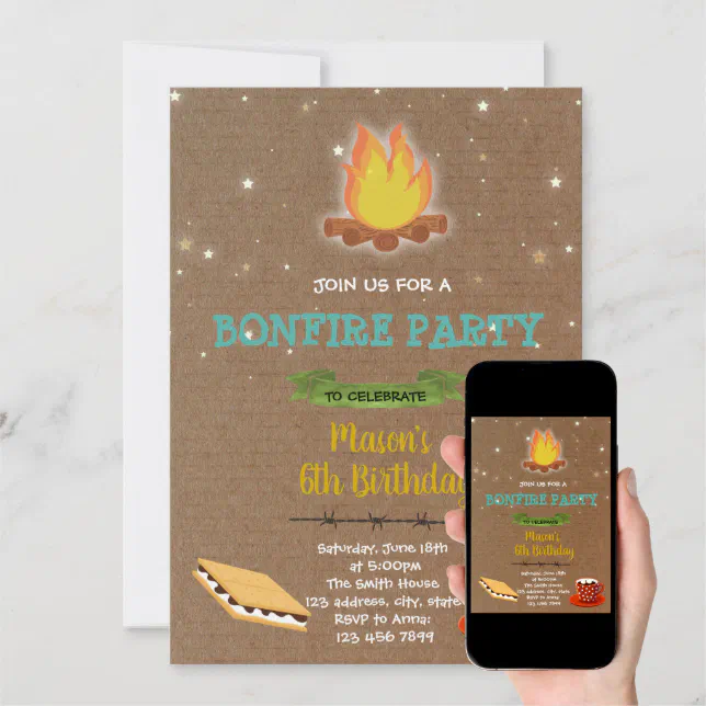 Bonfire party birthday invitation | Zazzle