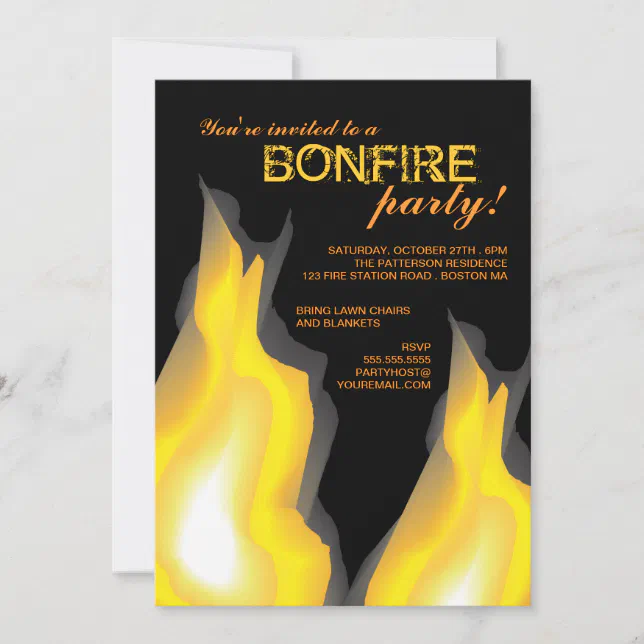 Bonfire Party Campfire Flames on Black Invitation | Zazzle