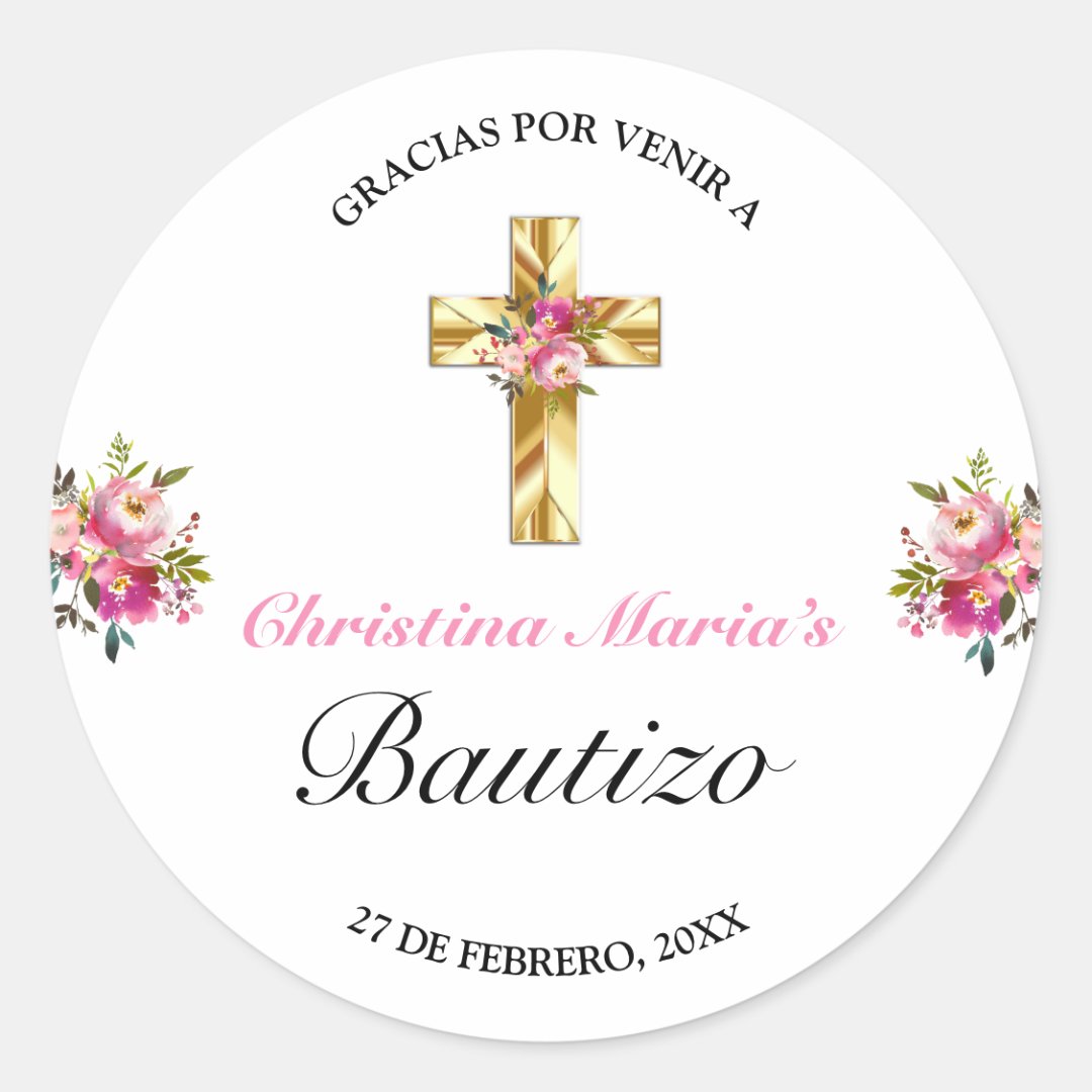 Bonito Rosa Floral Oro Cruz Bautismo Gracias Classic Round Sticker | Zazzle