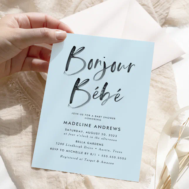 Bonjour Bebe Blue French Baby Shower Invitation | Zazzle