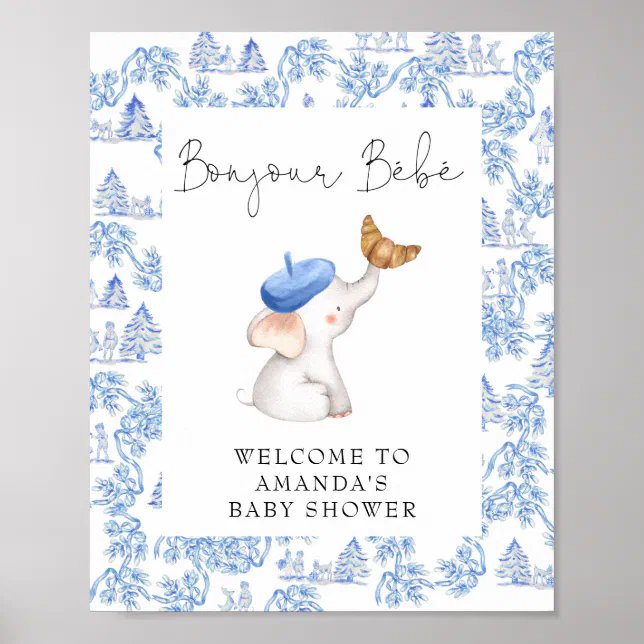 Bonjour Bebe Blue French Boy Welcome Baby Shower P Poster | Zazzle