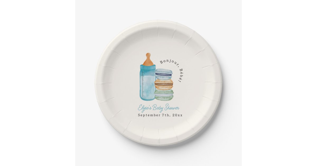 Bonjour Bébé Blue Macarons & Milk Boy Baby Shower Paper Plates | Zazzle