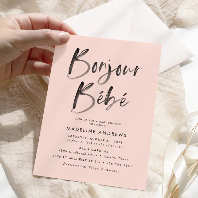 Bonjour Bebe Blush French Baby Shower Invitation | Zazzle