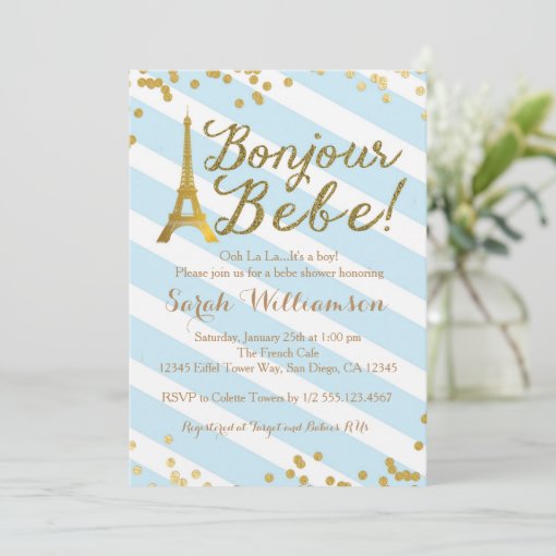 Bonjour Bebe Boy French Baby Shower Invitation | Zazzle