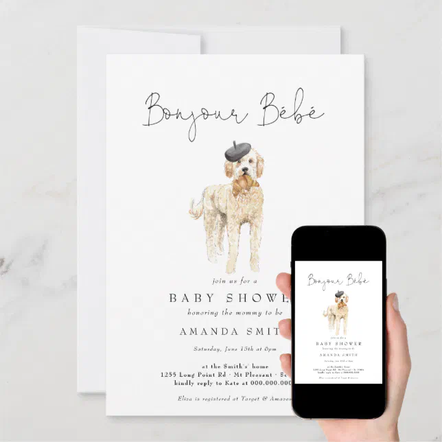 Bonjour Bebe French Golden Doodle Baby Shower Invitation | Zazzle