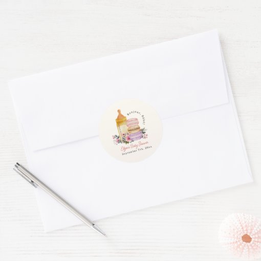 Bonjour Bébé French Macarons & Milk Baby Shower Classic Round Sticker ...