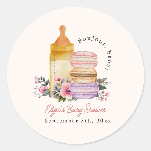 Bonjour Bébé French Macarons & Milk Baby Shower Classic Round Sticker ...