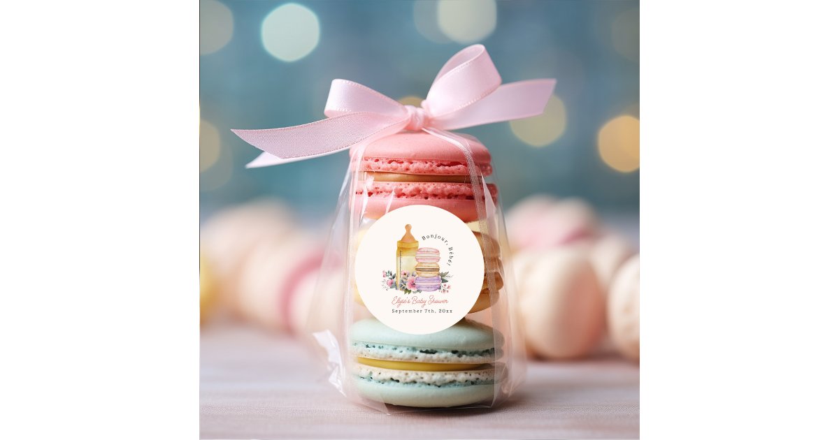 Bonjour Bébé French Macarons & Milk Baby Shower Classic Round Sticker ...