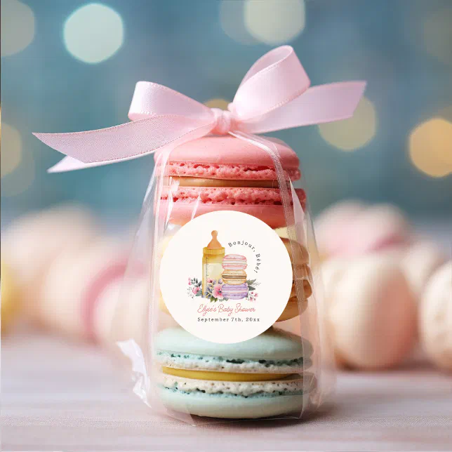Bonjour Bébé French Macarons & Milk Baby Shower Classic Round Sticker ...